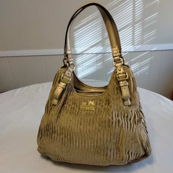 Coach | Bags | Coach Taupe Gathered Fabric Gold Leather Madison Handbag ...